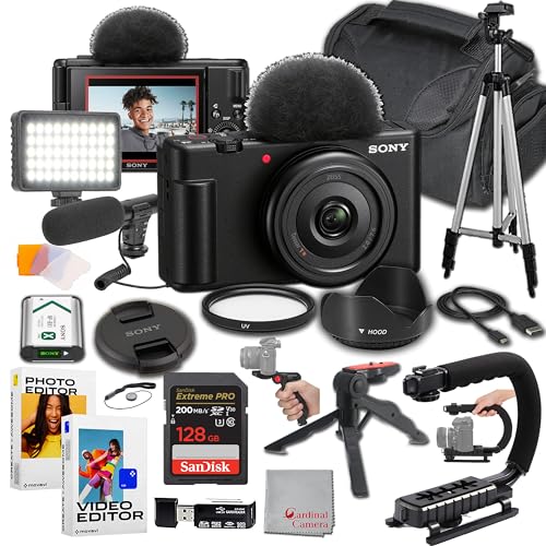 Sony ZV-1F Content Creator's Ultimate Kit: 128GB Extreme Memory, Mic, Video Light, Editing Software U-Grip, and Tripod Bundle (21pc)