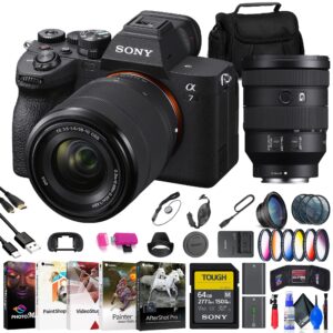 sony a7 iv mirrorless camera with 28-70mm lens (ilce-7m4k/b) + sony fe 24-105mm lens + 64gb card + filter kit + wide angle lens + color filter kit + lens hood + bag + more (renewed)