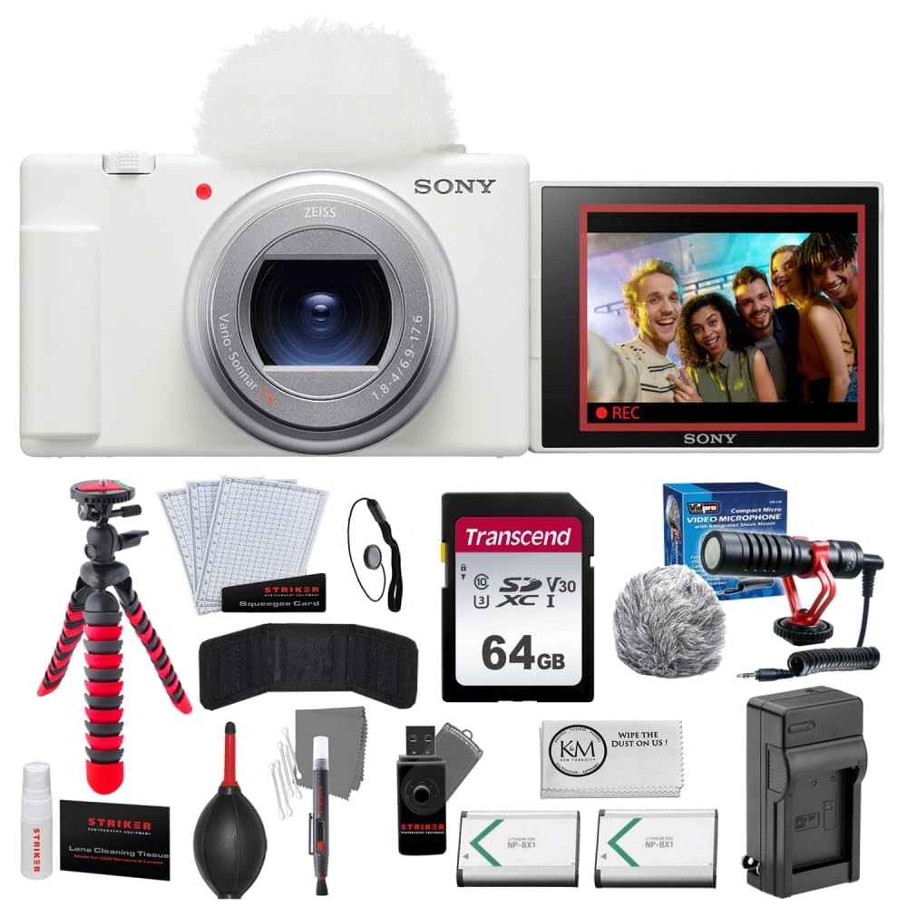 Sony ZV-1 II Digital Camera | White Bundled with NP-BX1 Battery + 12" Tripod + Battery Charger + 64GB Memory Card + Cleaning Cloth + Micro Microphone + Photo Starter Kit (11 Pieces) (8 Items)