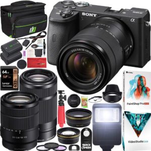 sony a6600 mirrorless 4k aps-c camera + 2 lens kit 18-135mm + 55-210mm ilce-6600mb bundle with deco gear case + extra battery + flash + wide angle & telephoto lens + filter kit + 64gb & accessories