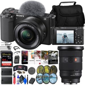 sony zv-e10 mirrorless camera with 16-50mm lens (black) (ilczv-e10l/b) + sony fe 24-70mm lens + 64gb card + filter kit + external charger + npf-w50 battery + card reader + more (renewed)