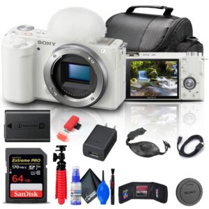 sony zv-e10 mirrorless camera (body, white) (ilczv-e10/w) + 64gb memory card + bag + card reader + hdmi cable + flex tripod + hand strap + memory wallet + cleaning set (renewed)