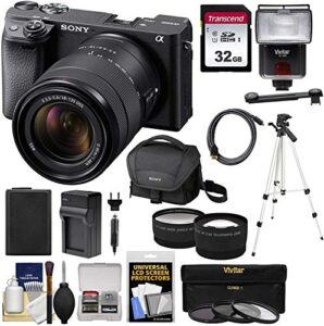 sony alpha a6400 4k wi-fi digital camera & 18-135mm lens with 32gb card + battery & charger + case + filters + tripod + flash + telephoto & wide-angle lens kit