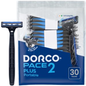 dorco pace 2 plus disposable razor 2 blades pivoting head open-flow for easy rinsing with lubricating strip and long non-slip rubber handle (30ct rubber handle)