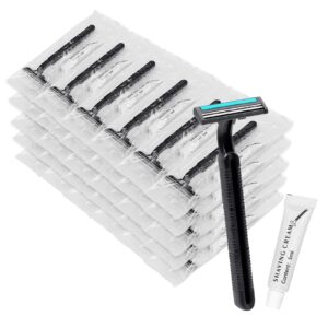 disposable razors in bulk, bulk razors with knife cap, black, individually packaged disposable razors bulk with shaving cream for hotels, nursing homes, shelters, homeless, charities (pack-50)