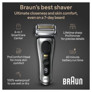 Braun Series 9 PRO+ Electric Razor for Men, 5 Pro Shaving Elements and Shave-Preparing ProComfort Head for Closeness & Skin Comfort, 6in1 SmartCare Center, Wet or Dry Use, Charging Stand, 9597cc