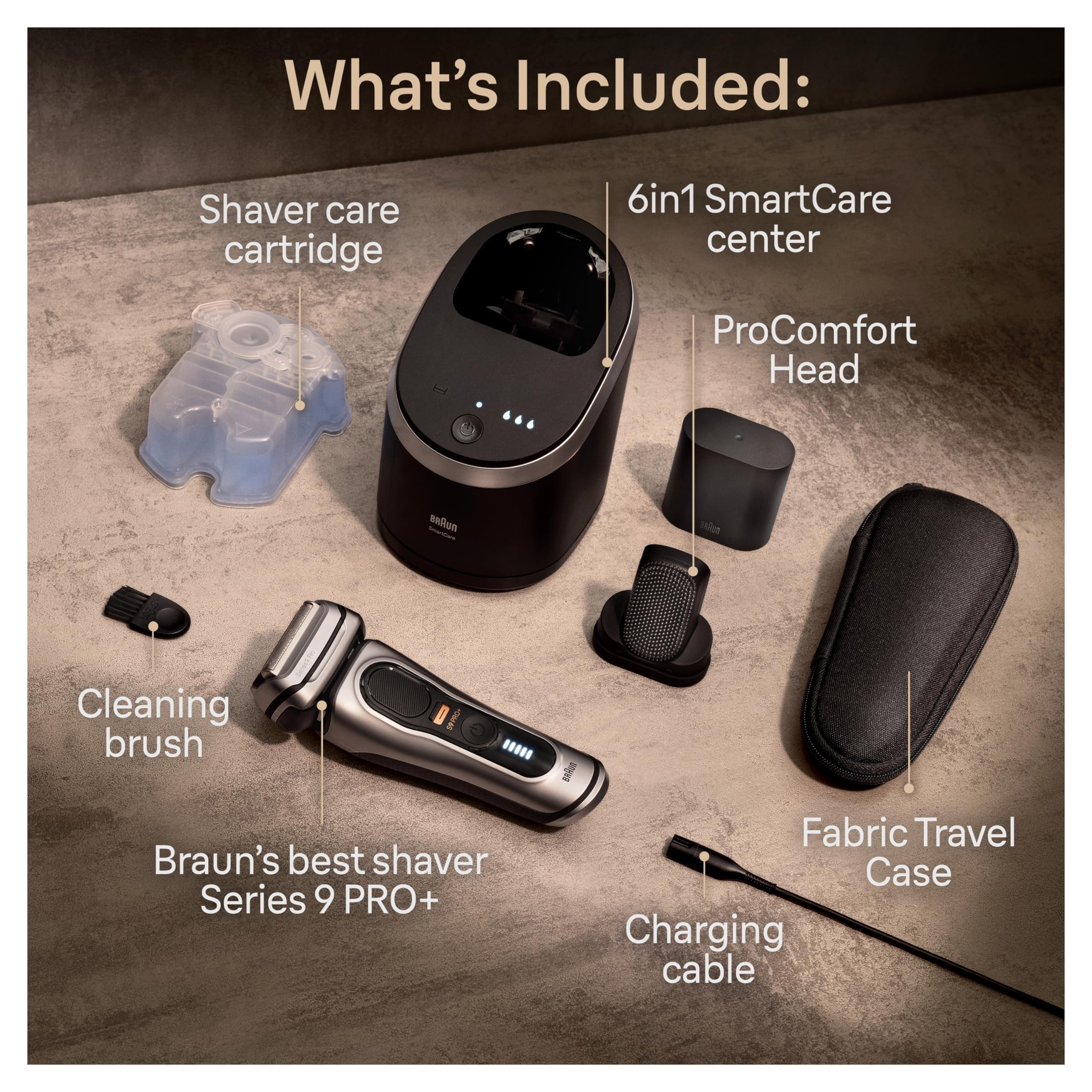 Braun Series 9 PRO+ Electric Razor for Men, 5 Pro Shaving Elements and Shave-Preparing ProComfort Head for Closeness & Skin Comfort, 6in1 SmartCare Center, Wet or Dry Use, Charging Stand, 9597cc