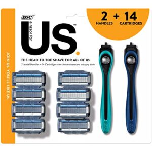 bic us 5-blade unisex shaving razor for men and women, lubrication strip for a smooth, close shave, 14 cartridges + 2 handles