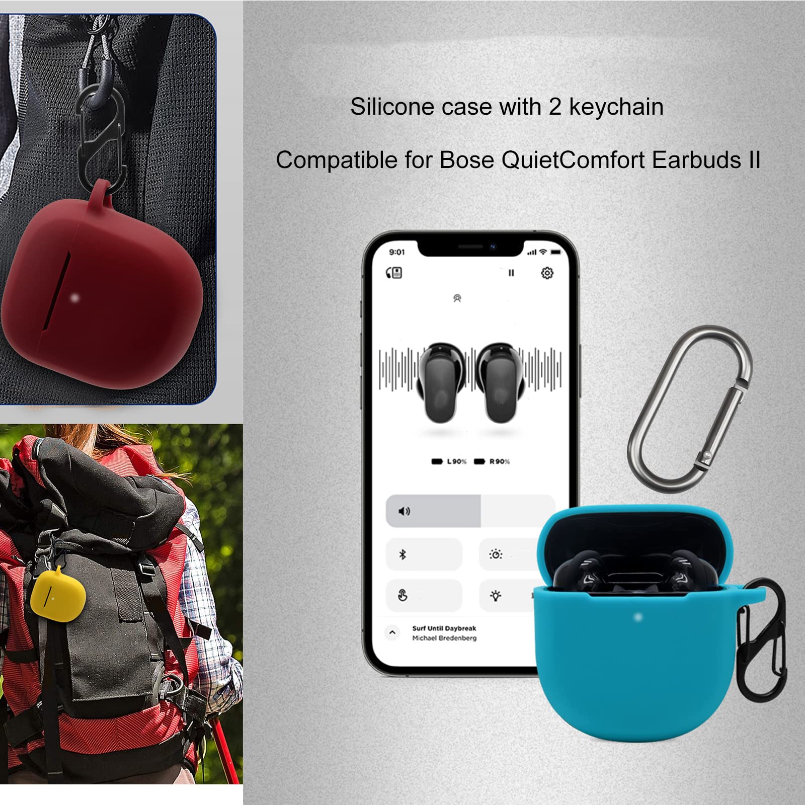 Silicone Case for Bose QuietComfort Earbuds II (2022 in-Ear Detection Bluetooth Headphones,Premium Soft Skin Cover Shock-Absorbing,Anti-Scratch Protective Case with Keychain Red