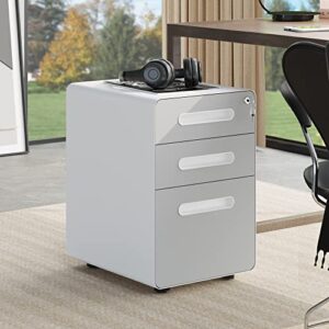 yitahome 3-drawer metal mobile file cabinet, rolling filing cabinet with lock, filing cabinet under desk fits legal/a4 size for home/office, fully assembled,white and grey