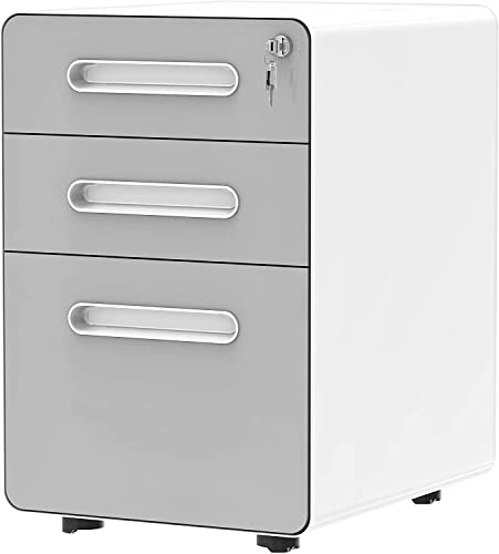 YITAHOME 3-Drawer Metal Mobile File Cabinet, Rolling Filing Cabinet with Lock, Filing Cabinet Under Desk fits Legal/A4 Size for Home/Office, Fully Assembled,White and Grey