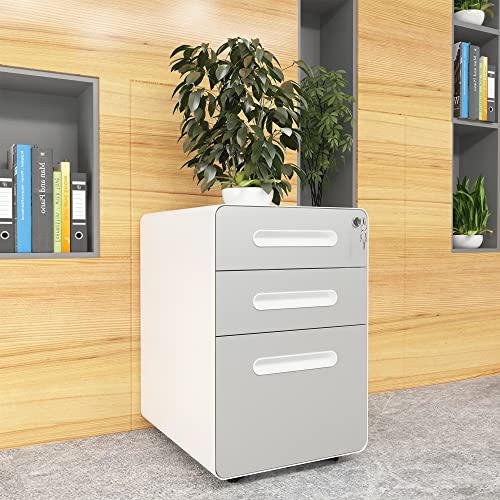 YITAHOME 3-Drawer Metal Mobile File Cabinet, Rolling Filing Cabinet with Lock, Filing Cabinet Under Desk fits Legal/A4 Size for Home/Office, Fully Assembled,White and Grey