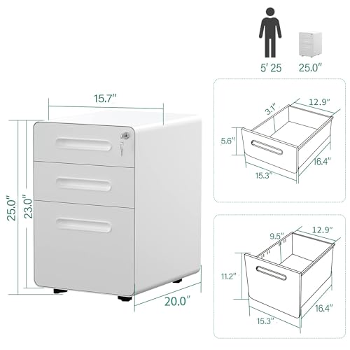 YITAHOME 3-Drawer Metal Mobile File Cabinet, Rolling Filing Cabinet with Lock, Filing Cabinet Under Desk fits Legal/A4 Size for Home/Office, Fully Assembled,White and Grey