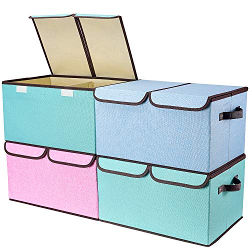 senbowe Larger Storage Cubes [4-Pack] 33 Quart Linen Fabric Foldable Collapsible Storage Cube Bin Organizer Basket with Lid, Handles, Removable Divider For Home, Closet - (16.5 x 11.8 x 9.8”)