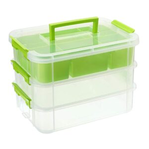 juxyes 3-tiers stack carry storage box with divided tray, transparent stackable storage bin with handle lid latching storage container for school & office supplies (green)