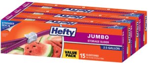 hefty slider jumbo storage bags, 2.5 gallon size, 15 count (pack of 3), 45 total