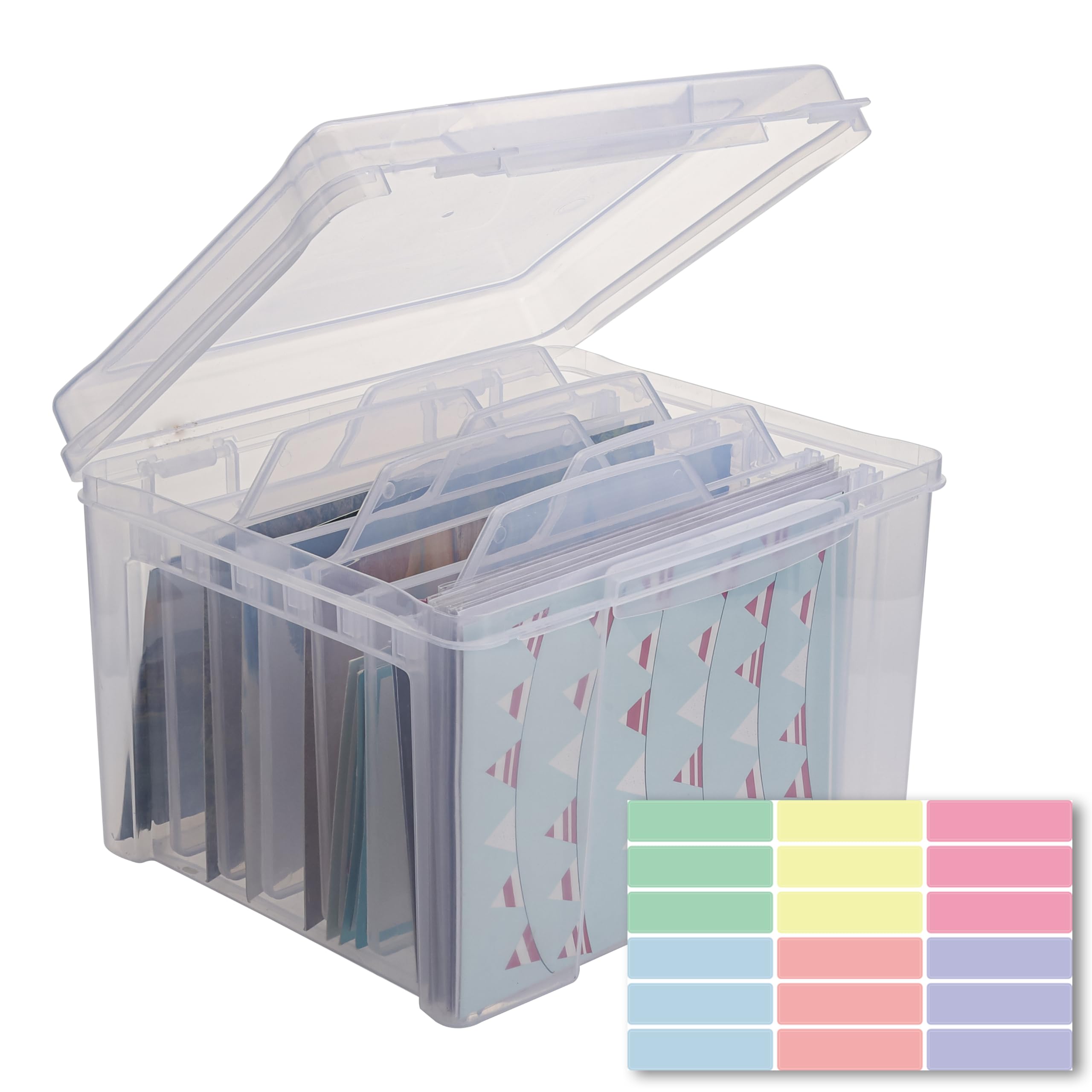 WRVCSS Greeting Card Storage & Organizer Box with 6 Coloful Removable Dividers for Holiday Birthday Get Well Cards Photos, Crafts, Scrapbooking(Clear)