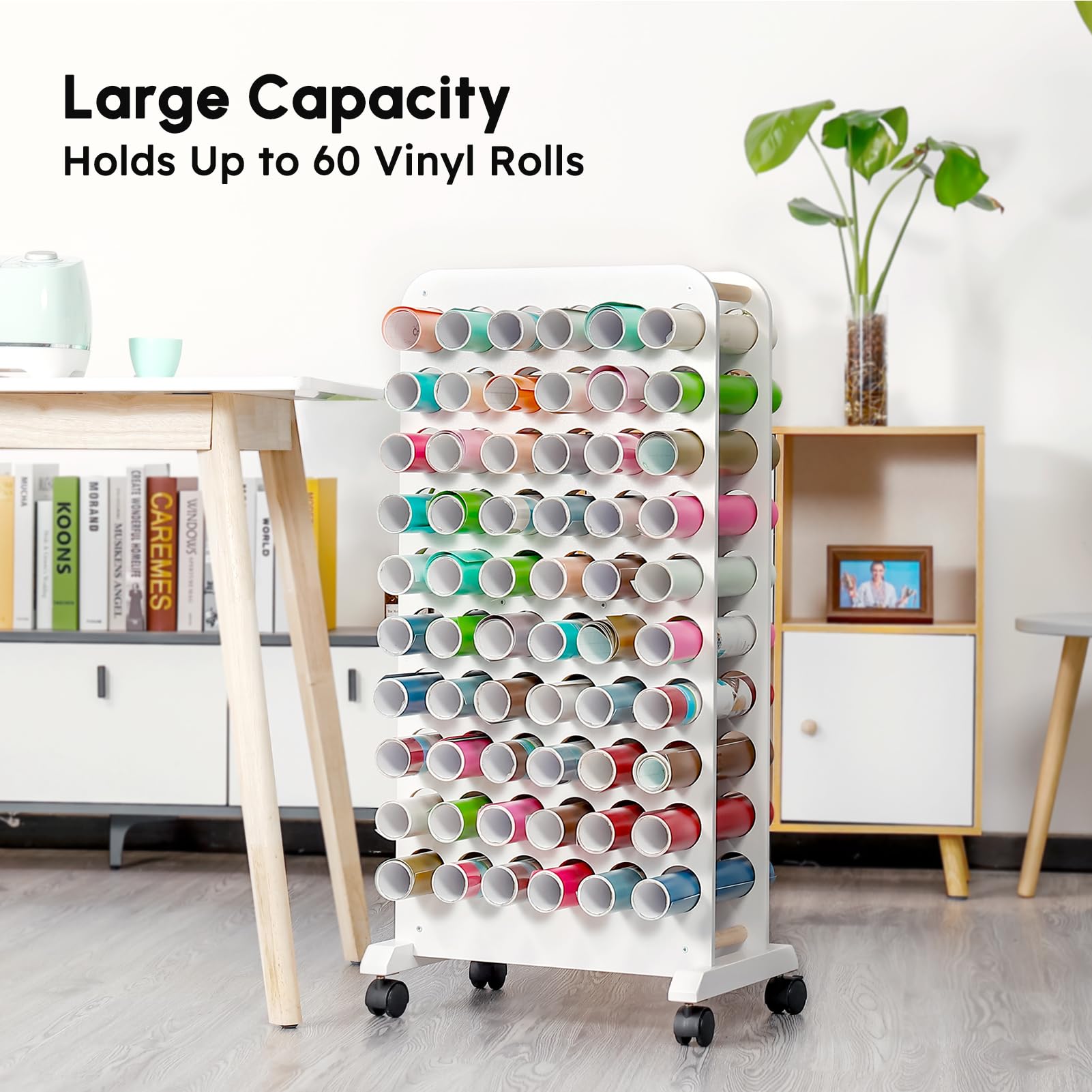 Crafit Mobile Vinyl Roll Holder, 60 Compartment Vinyl Storage Organizer with Locking Caster Wheels, Wooden Vinyl Roll Storage Cart Rack Craft Storage Gift Wrap Organizer for Home Craft Room (2" Hole)