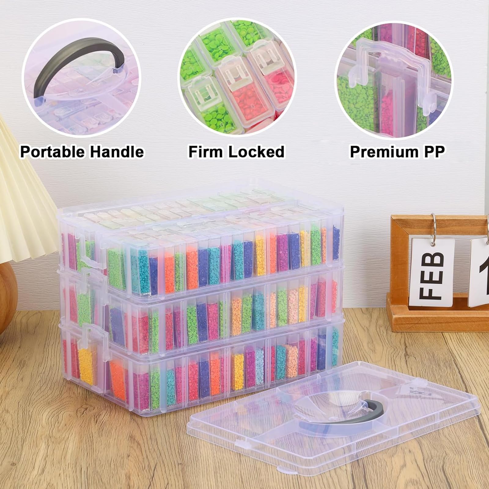 QUEFE 264 Slots 3-Tier Diamond Painting Accessories Storage Container, Portable Bead Organizer Box, Stackable Crafts Organizers for DIY Diamond Art Craft Jewelry Bead Storage