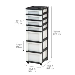 IRIS USA Plastic Drawer Storage Organizer Rolling Cart, with Wheels Casters, 7-Drawers, for Classroom Art Craft Supplies Dresser Closet Bathroom Dorm Bedroom Laundry Room, Black/Pearl