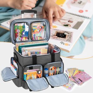 CURMIO Rolling Scrapbook Tote on Wheels, Scrapbook Storage Bag with Detachable Trolley and Bottom Wooden Board, Rolling Craft Bag for Scrapbooking Supplies, Gray