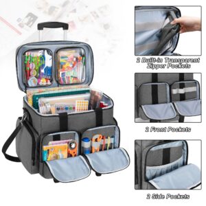 CURMIO Rolling Scrapbook Tote on Wheels, Scrapbook Storage Bag with Detachable Trolley and Bottom Wooden Board, Rolling Craft Bag for Scrapbooking Supplies, Gray