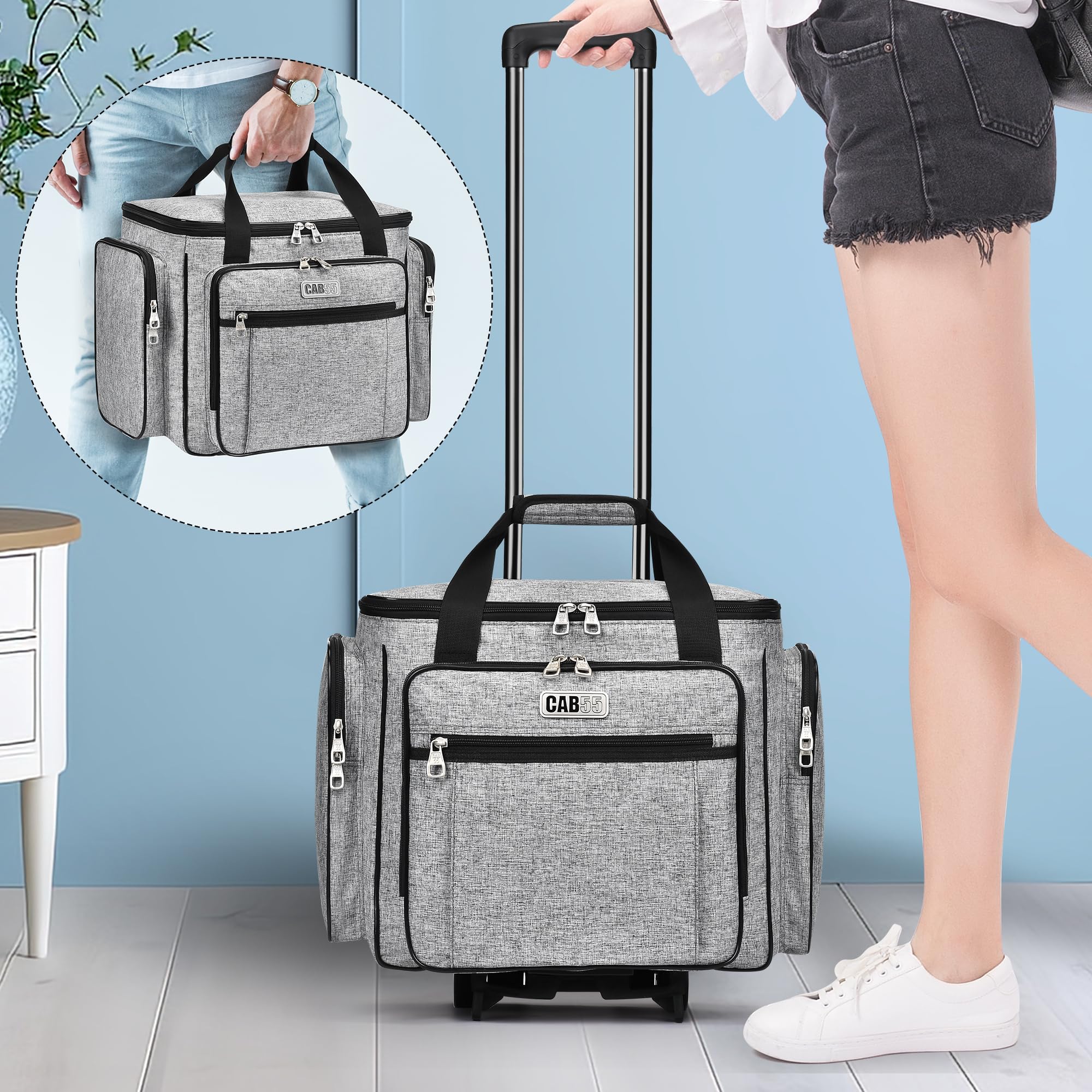 CAB55 Rolling Craft Bag, Rolling Tote Bag with Wheels for Women, Rolling Teacher Bag with Removable Folding Hand Trucks-Grey