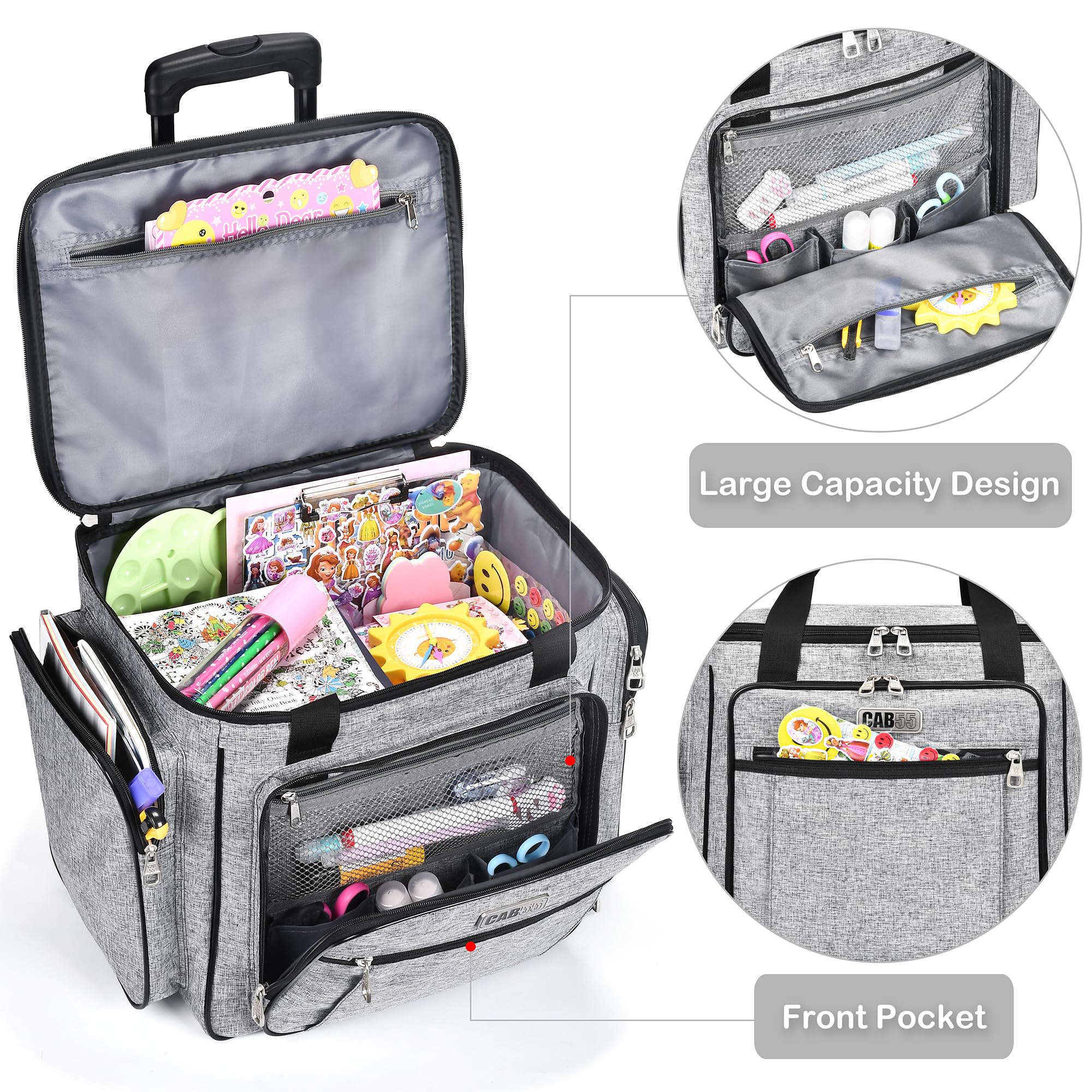 CAB55 Rolling Craft Bag, Rolling Tote Bag with Wheels for Women, Rolling Teacher Bag with Removable Folding Hand Trucks-Grey