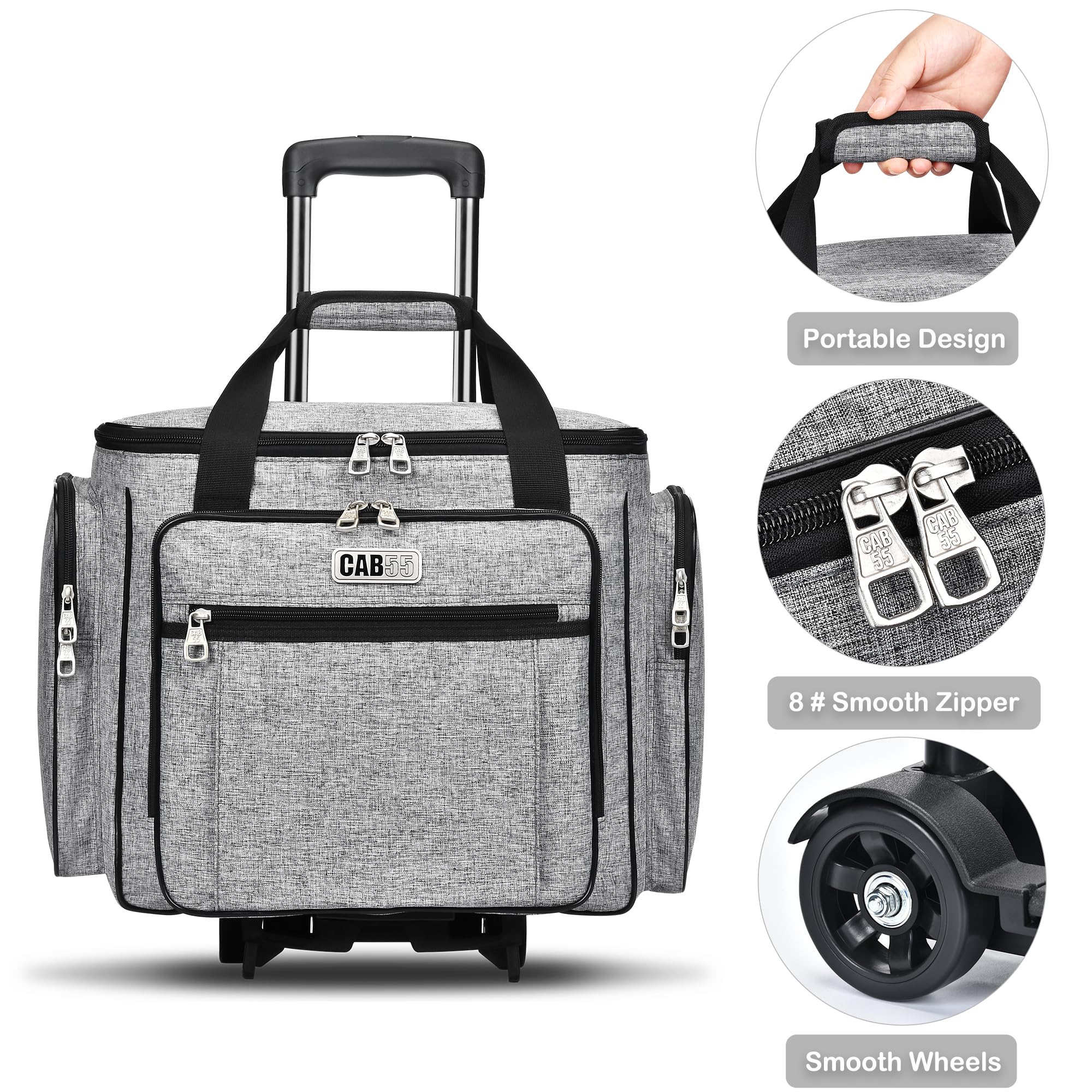 CAB55 Rolling Craft Bag, Rolling Tote Bag with Wheels for Women, Rolling Teacher Bag with Removable Folding Hand Trucks-Grey