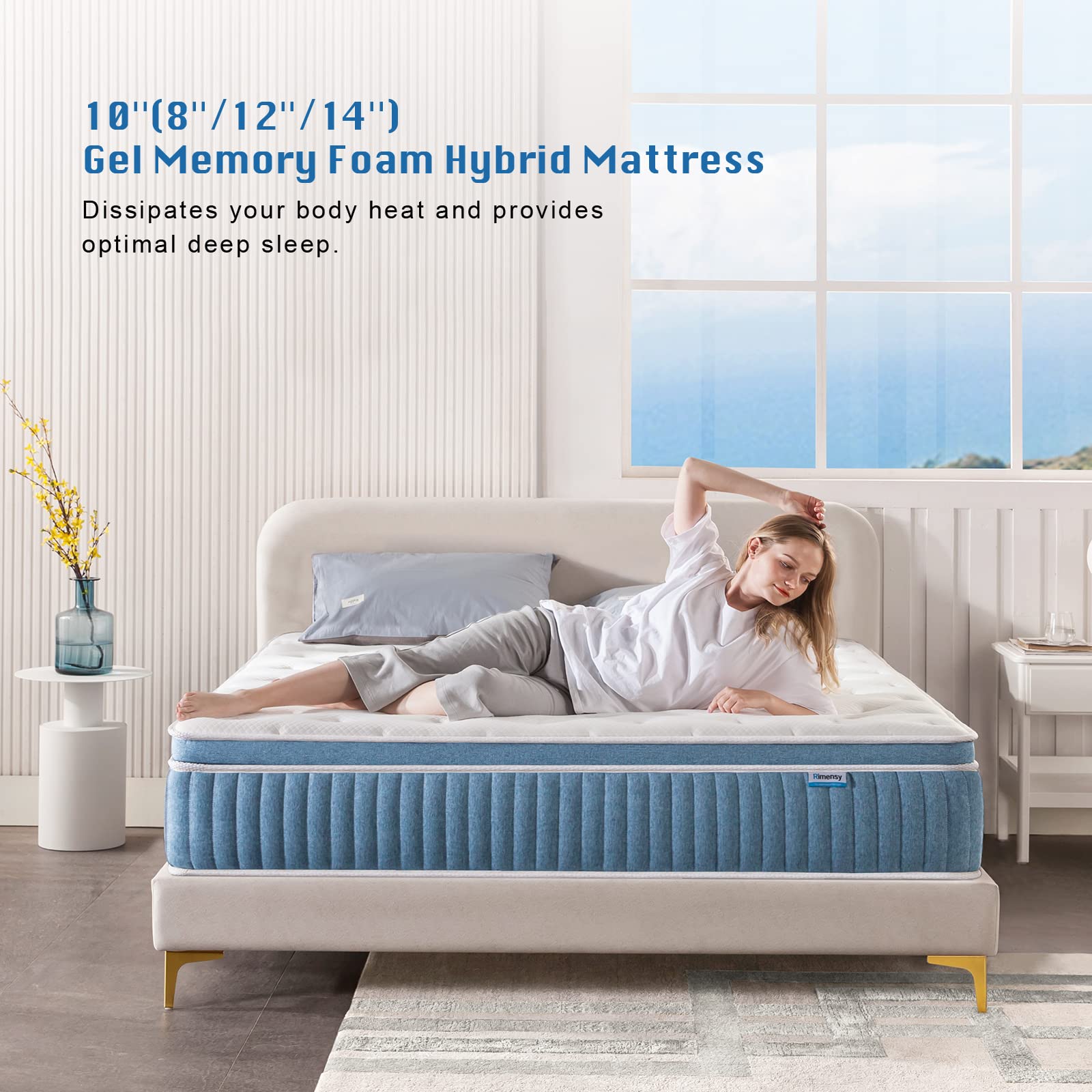 Rimensy King Mattress, 12 Inch Hybrid Mattress in a Box, Gel Foam Mattress, Individually Wrapped Pocket Coils Innerspring Mattress, Support & Pressure Relief, Medium Firm Feel, 76"*80"*12"