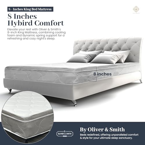 King Size Mattress - 8 Inch Cool Comfort Foam & Spring Hybrid Mattress with Breathable Organic Cotton Cover - Quilted Soft Tight Top - Rolled in a Box - Oliver & Smith