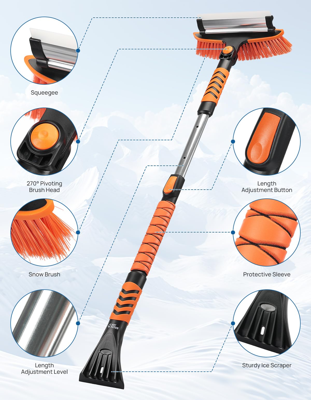 JOYTUTUS 41.5IN Extendable Snow Brush and Ice Scraper, 270°Pivoting Snow Scraper Brush for Car Windshield, Telescoping Ice Scraper, Foam Grip, Heavy Duty Snow Remover for Cars, Trucks, SUV (Orange)