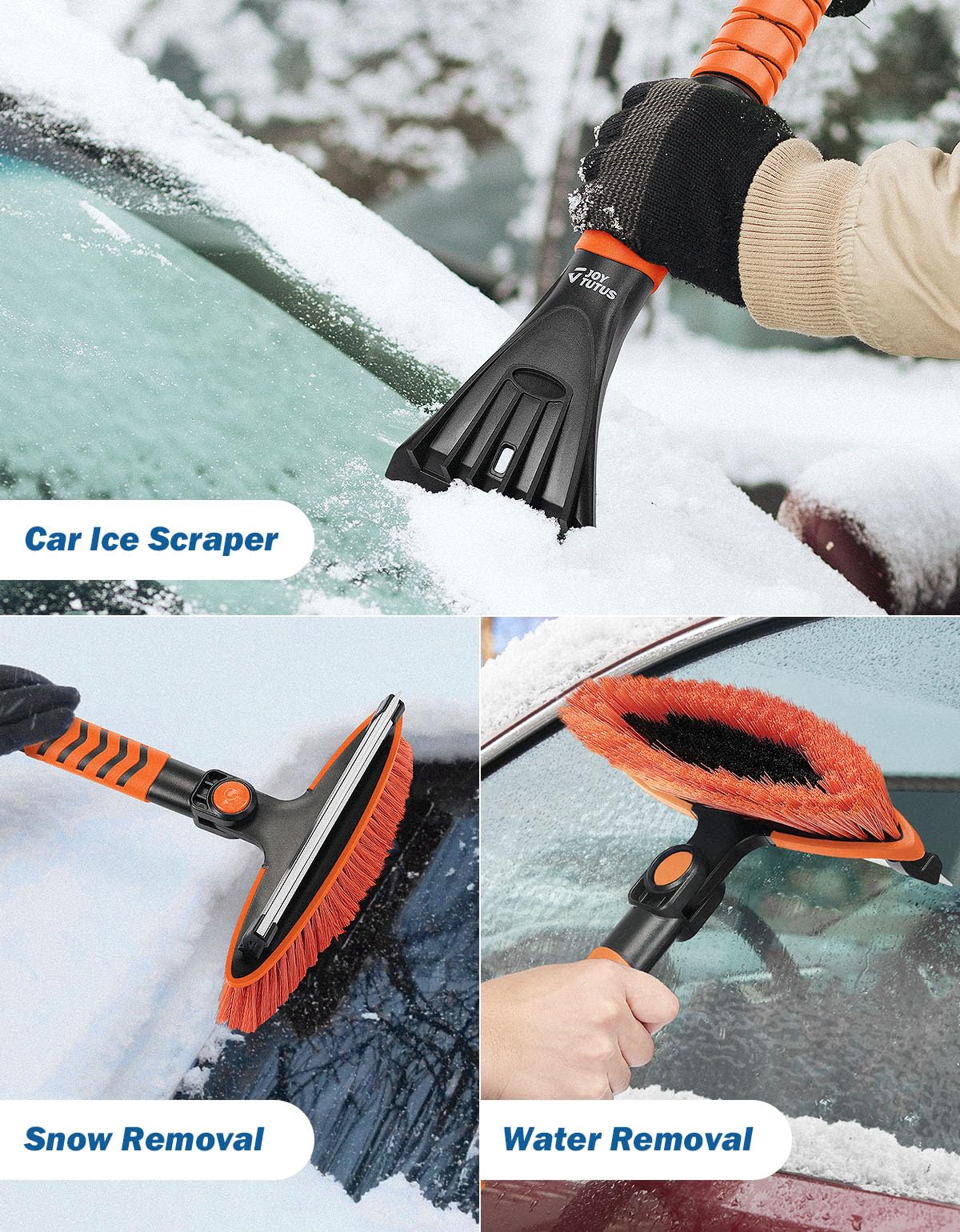 JOYTUTUS 41.5IN Extendable Snow Brush and Ice Scraper, 270°Pivoting Snow Scraper Brush for Car Windshield, Telescoping Ice Scraper, Foam Grip, Heavy Duty Snow Remover for Cars, Trucks, SUV (Orange)