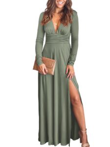 anrabess women deep v neck long sleeve slit 2024 fall elegant formal wedding guest cocktail evening date prom maxi long dress green medium