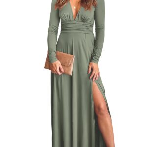 ANRABESS Women Deep V Neck Long Sleeve Slit 2024 Fall Elegant Formal Wedding Guest Cocktail Evening Date Prom Maxi Long Dress Green Medium