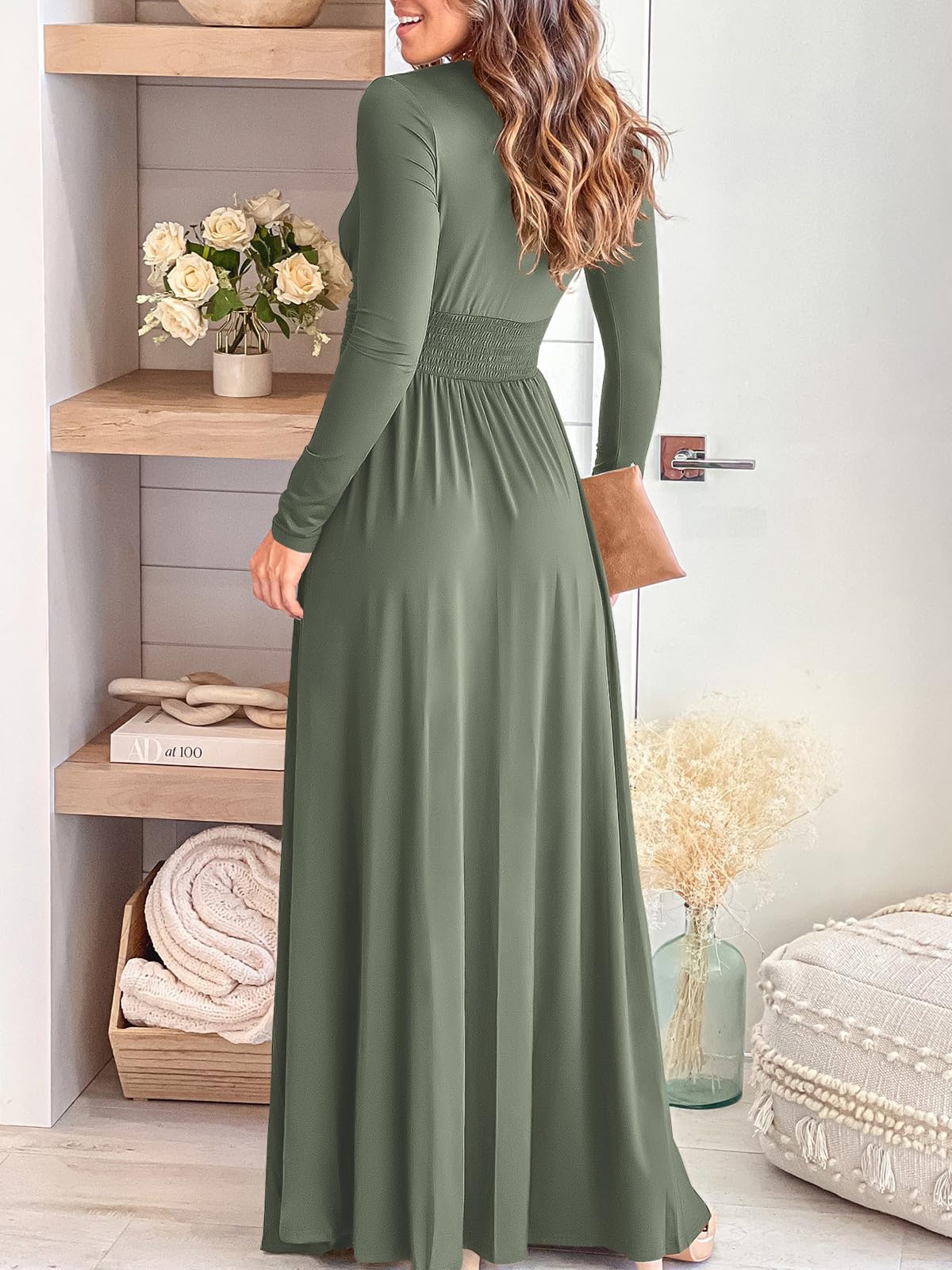 ANRABESS Women Deep V Neck Long Sleeve Slit 2024 Fall Elegant Formal Wedding Guest Cocktail Evening Date Prom Maxi Long Dress Green Medium