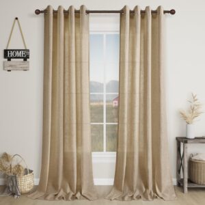 tan brown 102 inch linen curtains 2 panels set grommet light filter burlap linen drapes boho farmhouse semi sheer window curtain 102 inches length for hallway nursery living room sliding patio door