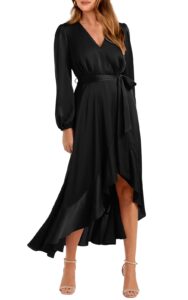 prettygarden women's satin fall dress semi formal satin long sleeve wrap v neck ruffle belted a-line flowy maxi dresses (black,small)