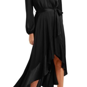 PRETTYGARDEN Women's Satin Fall Dress Semi Formal Satin Long Sleeve Wrap V Neck Ruffle Belted A-Line Flowy Maxi Dresses (Black,Small)