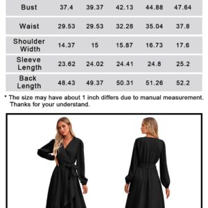 PRETTYGARDEN Women's Satin Fall Dress Semi Formal Satin Long Sleeve Wrap V Neck Ruffle Belted A-Line Flowy Maxi Dresses (Black,Small)