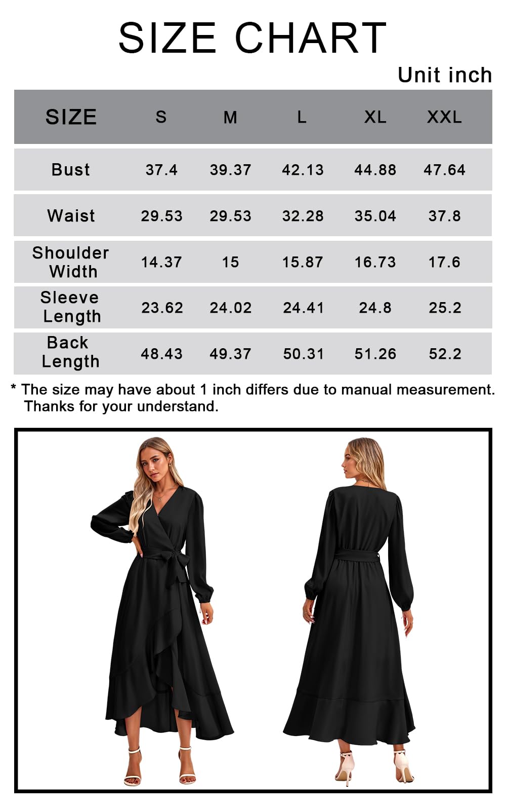 PRETTYGARDEN Women's Satin Fall Dress Semi Formal Satin Long Sleeve Wrap V Neck Ruffle Belted A-Line Flowy Maxi Dresses (Black,Small)