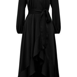 PRETTYGARDEN Women's Satin Fall Dress Semi Formal Satin Long Sleeve Wrap V Neck Ruffle Belted A-Line Flowy Maxi Dresses (Black,Small)