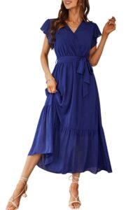 prettygarden women's 2024 floral boho dress wrap v neck short sleeve belted ruffle hem a-line flowy maxi dresses (solid blue,x-large)