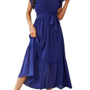 PRETTYGARDEN Women's 2024 Floral Boho Dress Wrap V Neck Short Sleeve Belted Ruffle Hem A-Line Flowy Maxi Dresses (Solid Blue,X-Large)