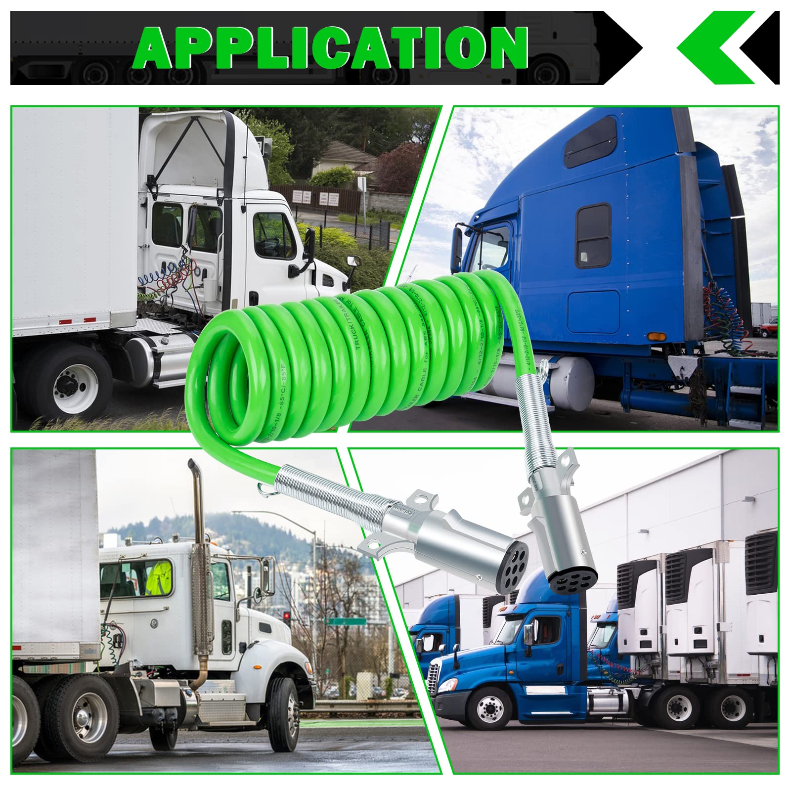 CheeMuii 7 Way Coiled Trailer Cord 12 FT Green ABS Electrical Power Coil Heavy Duty Cable Power Wire for Semi Trucks Trailer Tractors