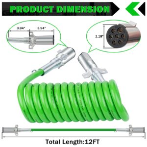 CheeMuii 7 Way Coiled Trailer Cord 12 FT Green ABS Electrical Power Coil Heavy Duty Cable Power Wire for Semi Trucks Trailer Tractors