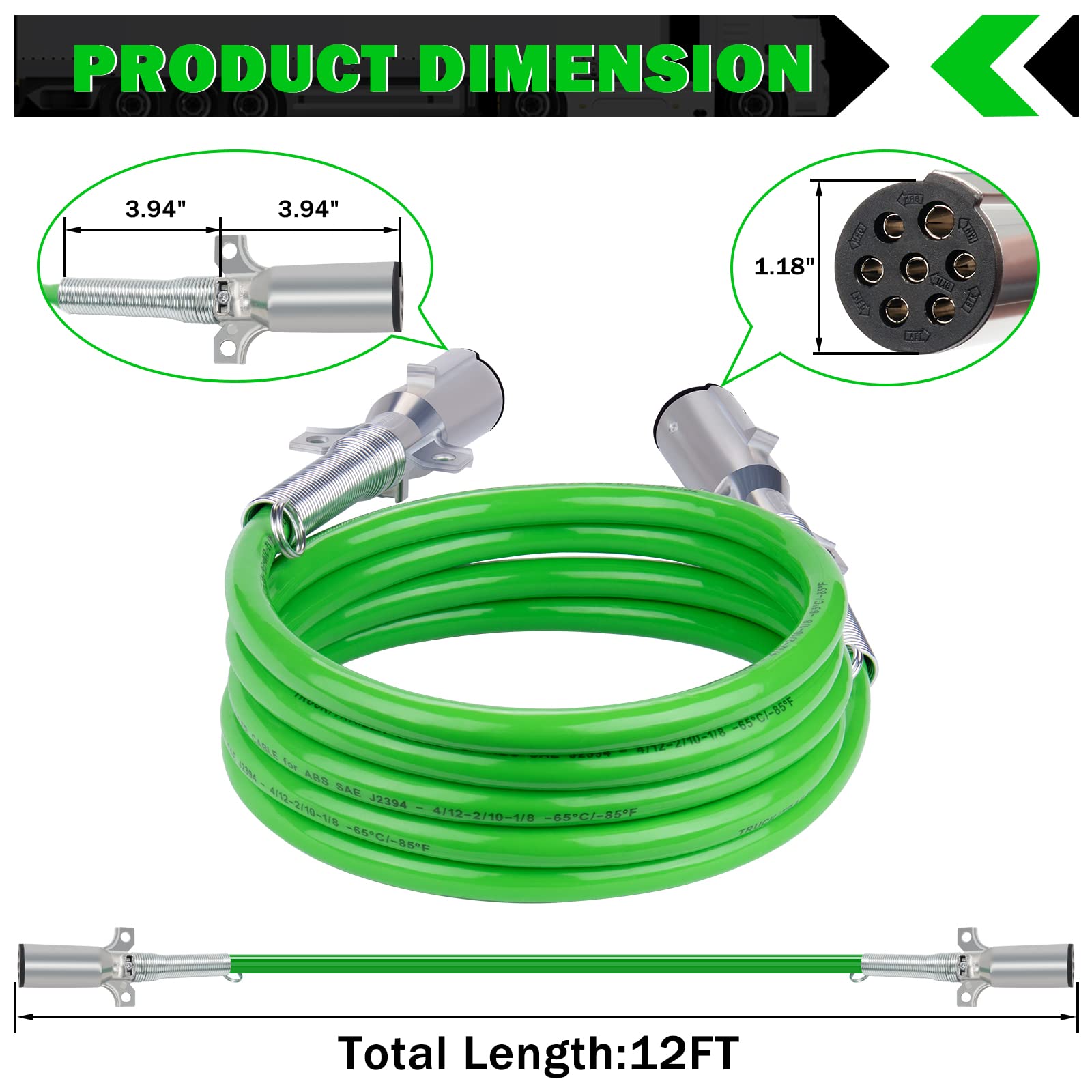 CheeMuii 2 Pack 7 Way Trailer Cord 12 FT ABS Electrical Power Cord Heavy Duty Green Straight Power Wire Cable for Semi Trucks Trailers Tractors