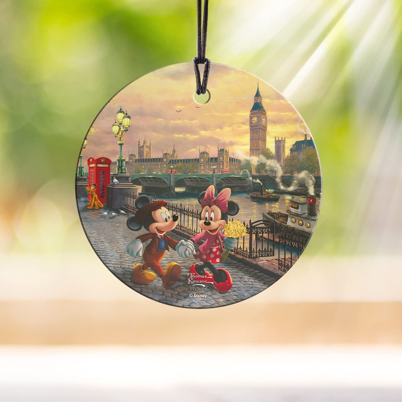 Disney – Mickey and Minnie Mouse – London – Thomas Kinkade Studios - 3.5” Starfire Prints Hanging Glass Print Accessory – Officially Licensed Collectible | Complimentary Velveteen Gift Bag