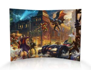 trend setters dc comics – batman – the dark knight saves gotham city – thomas kinkade studios – curved acrylic print – free standing light catching photo décor – for gifting and collecting ltd.