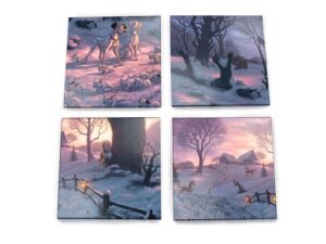 disney – 101 dalmatians on the run – pongo and perdita’s puppies – thomas kinkade studios – set of four 4” x 4” glass coasters - comes with stylish modern wooden coaster – for gifting and collecting